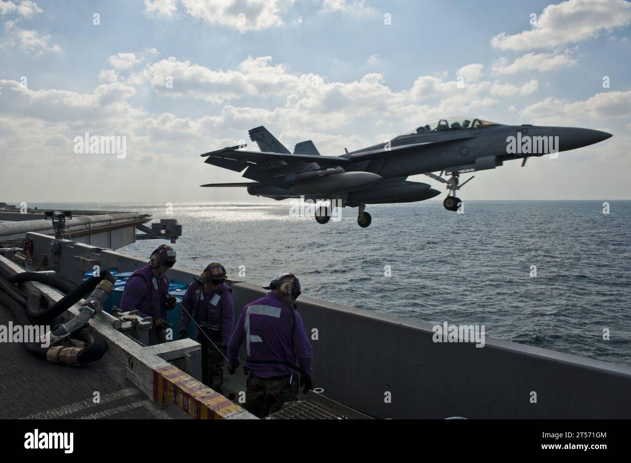 US Navy An F18F Super Hornet from the Black Aces of Strike Fighter Squadron (VFA) 41 launches ...