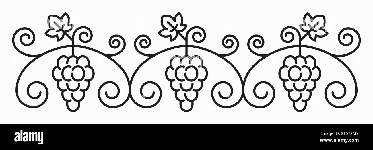 Bunches of grapes outline decor, frame ornament with leaves and swirls ...