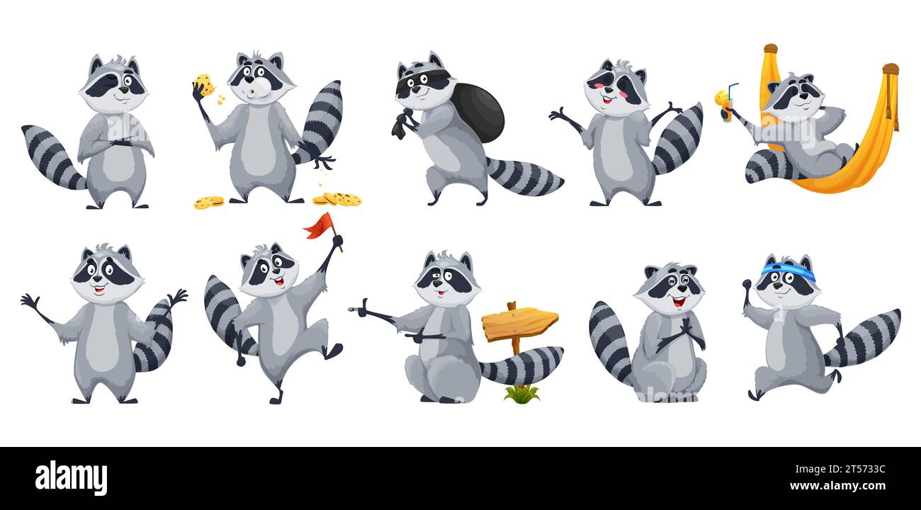 Cartoon raccoon characters. Cute racoon animal vector personages set ...