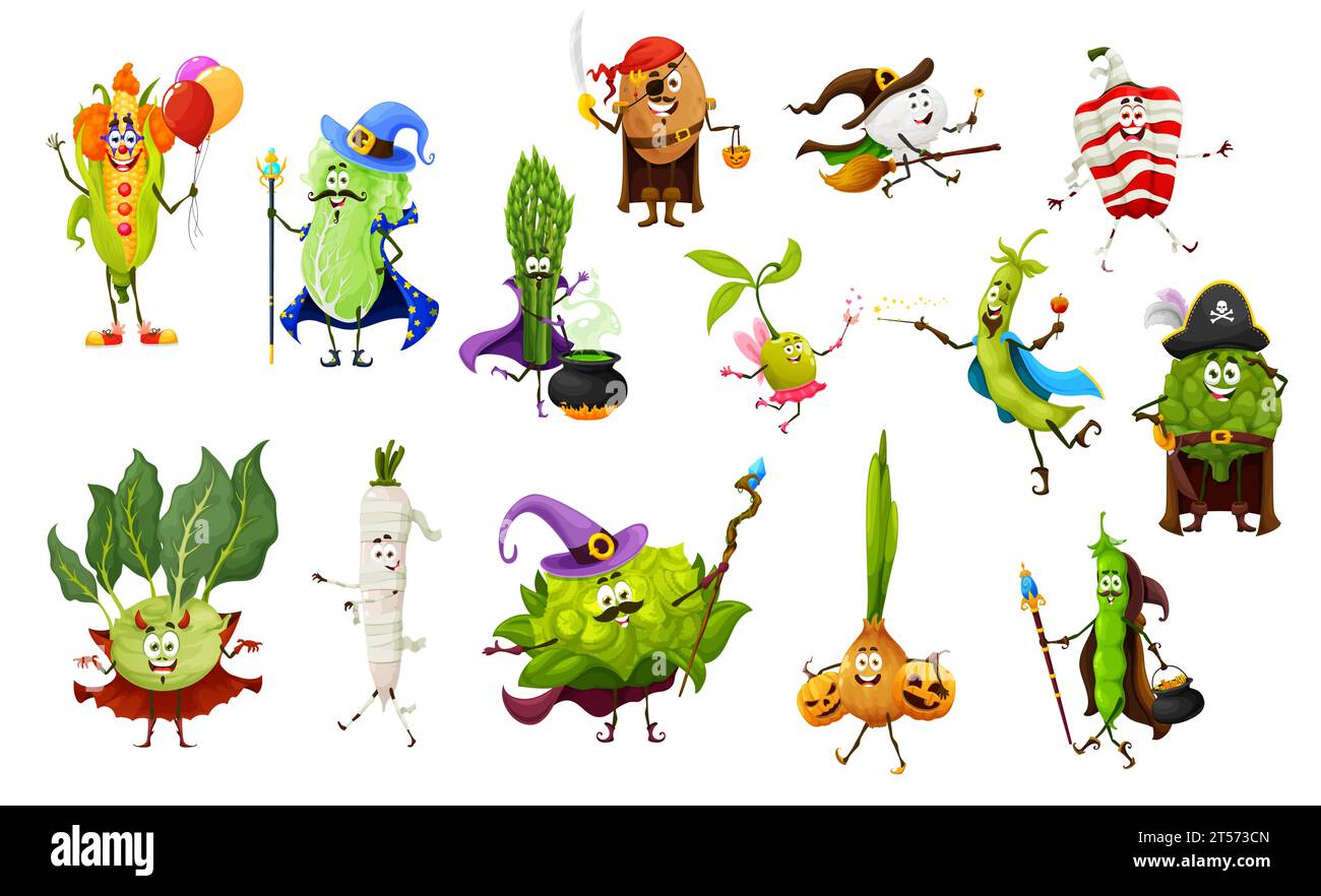 Cartoon Halloween vegetable characters in holiday costumes, vector corn ...