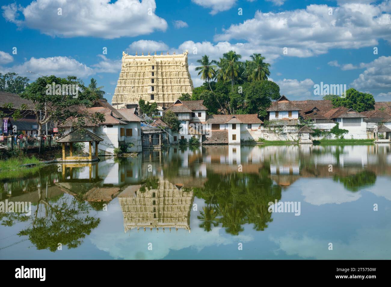 View across a pond towards Padmanabhaswamy Temple, iconic temple and ...