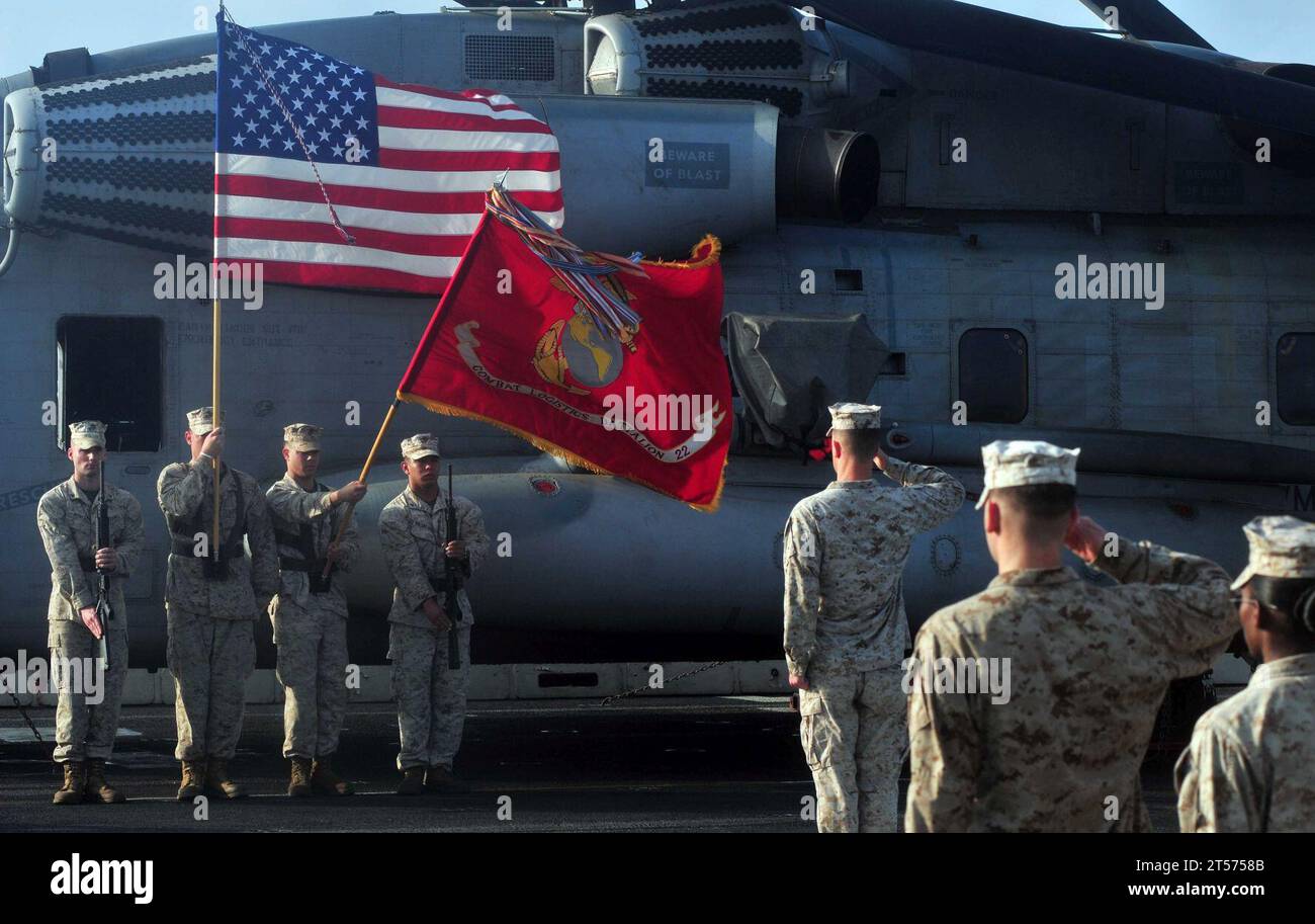 US Navy Marines from the 22nd Marine Expeditionary Unit aboard the San Antonio-class amphibious ...