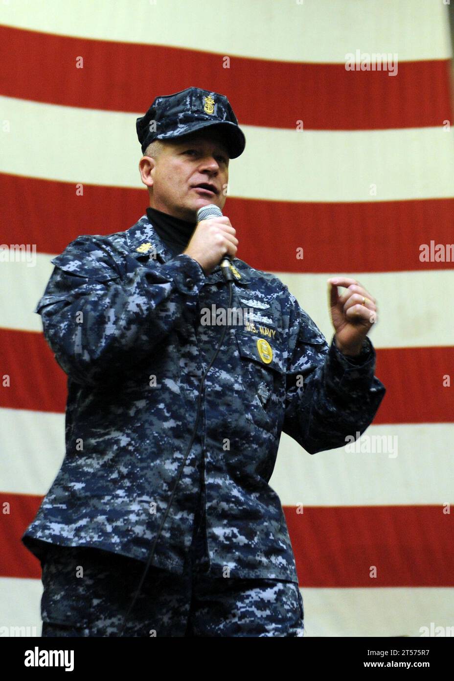 US Navy MCPON Rick D. West speaks during an all-hands call aboard the ...