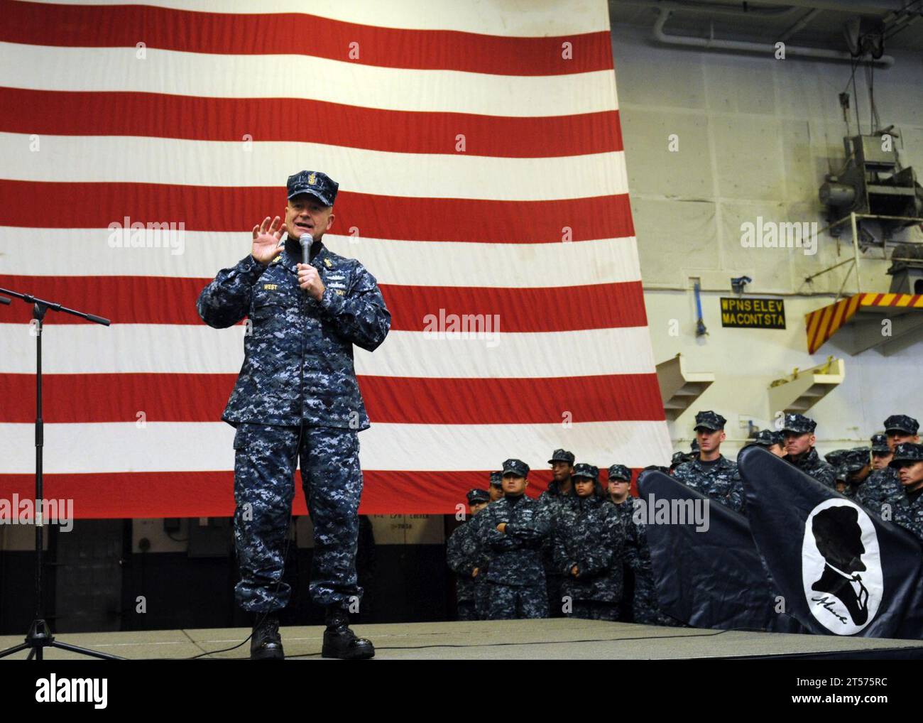 US Navy MCPON Rick D. West speaks during an all-hands call aboard the ...