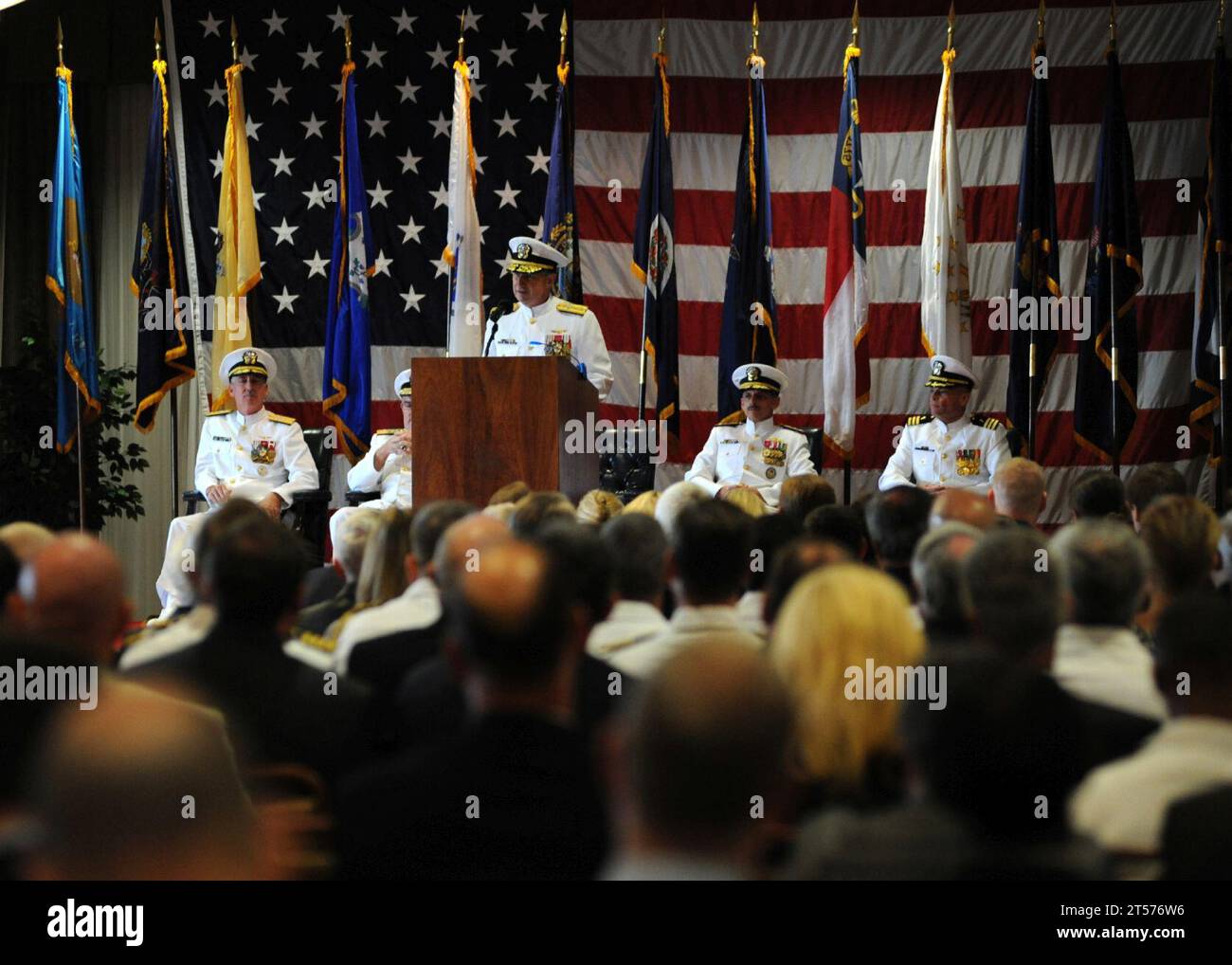 US Navy Rear Adm. Mark Boensel, departing commander of Navy Region Mid-Atlantic, speaks during ...