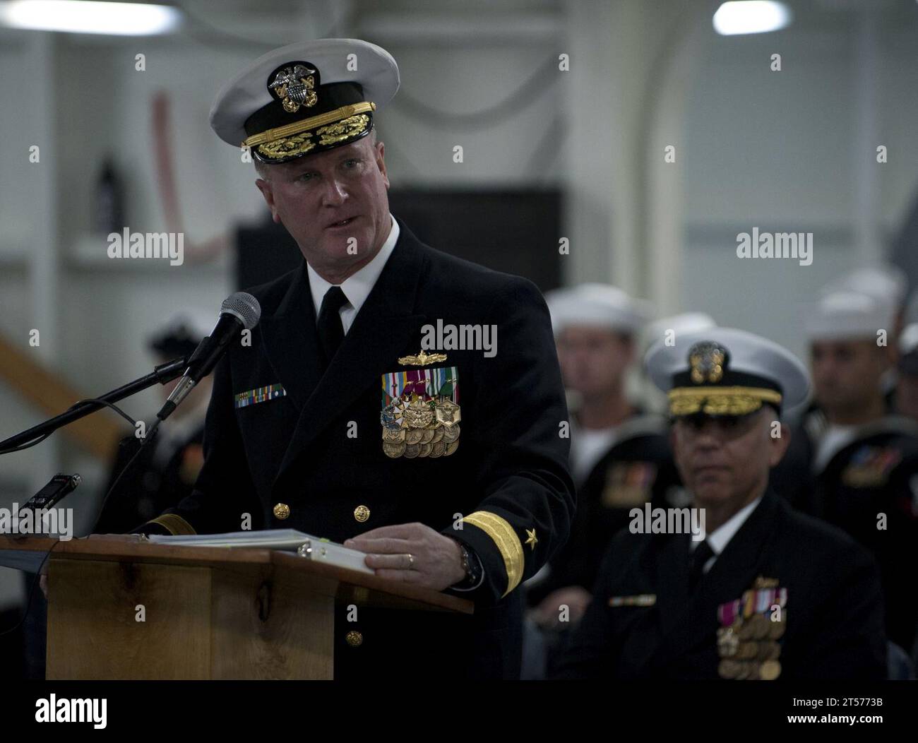 US Navy Rear Adm. Thomas K. Shannon delivers remarks at change of ...