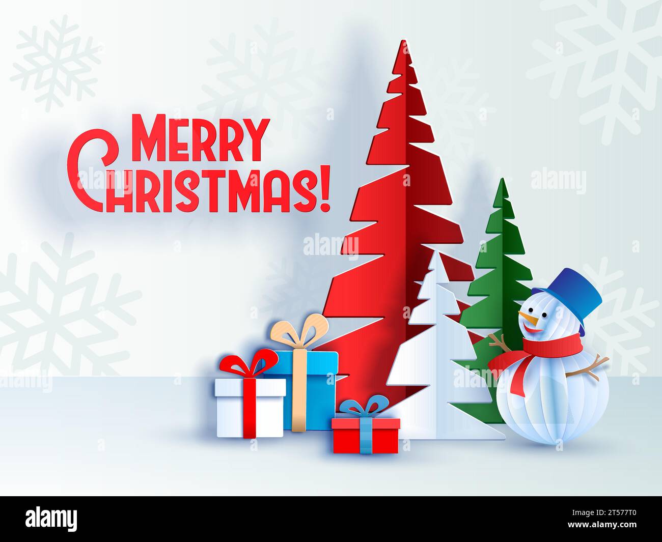 Christmas card banner in paper cut style. Christmas tree with snowman ...