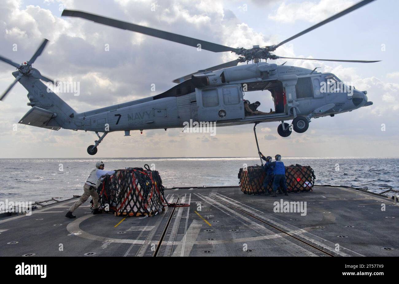 US Navy Sailors aboard the Ticonderoga-class guided-missile cruiser USS ...