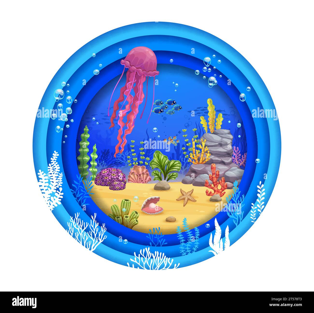Cartoon jellyfish, fish shoal and sea paper cut, vector underwater ...