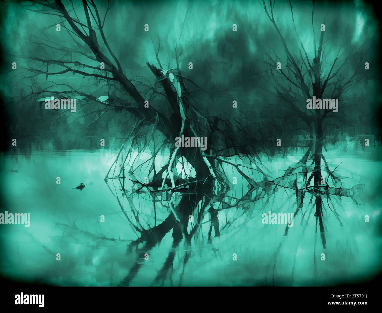 Digital illustration art. Mysterious, Dark and abandoned lake Stock ...