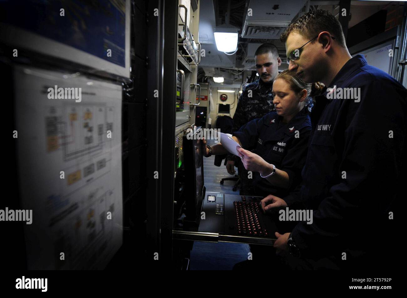 US Navy Sailors configure the global broadcast system in the main ...