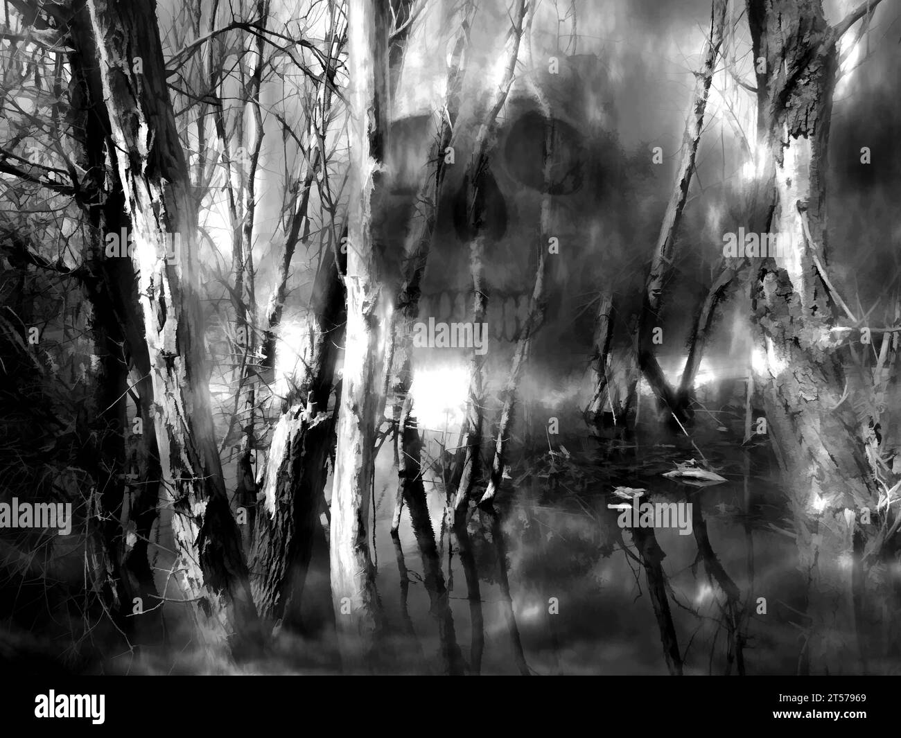 Digital illustration art. Mysterious, Dark and abandoned lake Stock ...