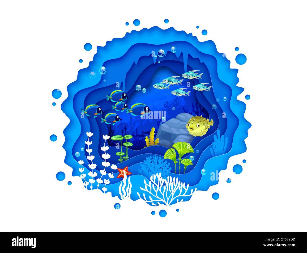 Cartoon tropical fish shoal and puffer fish, sea paper cut underwater ...
