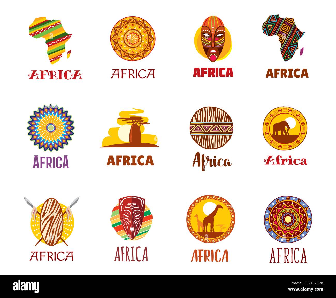 Africa icons, African travel, tourism landmarks and culture vector ...