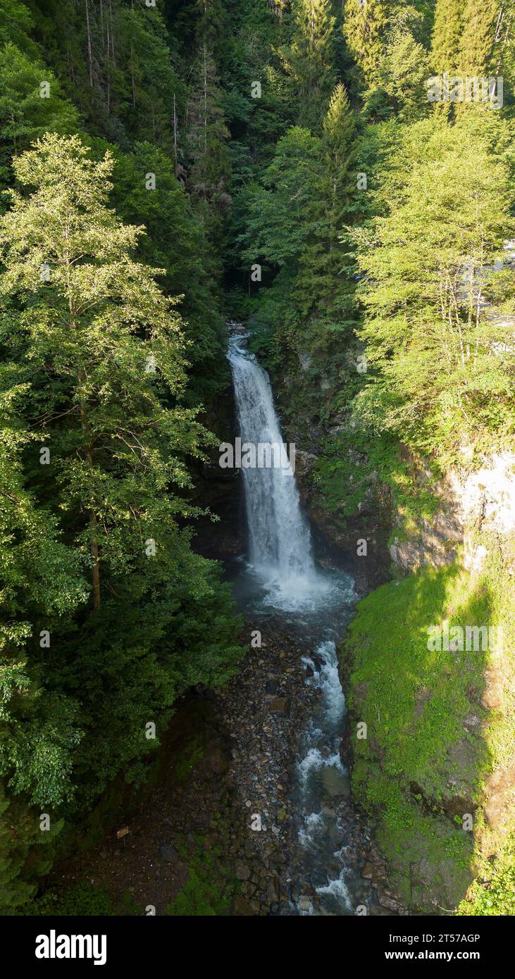 Palovit waterfall. Aerial view of waterfall flowing over mountain ...
