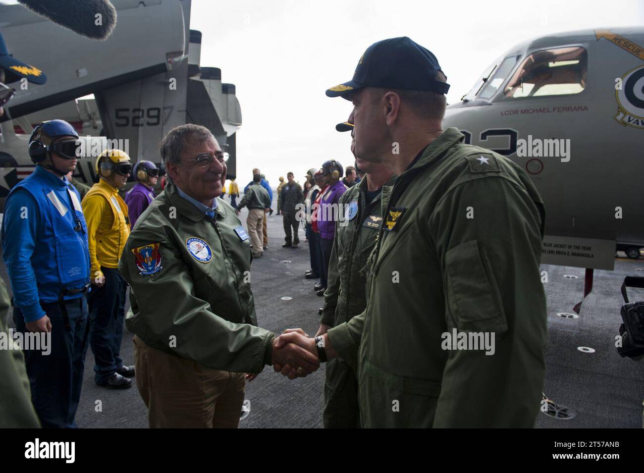 US Navy Secretary of Defense (SECDEF) Leon Panetta is greeted by Rear ...