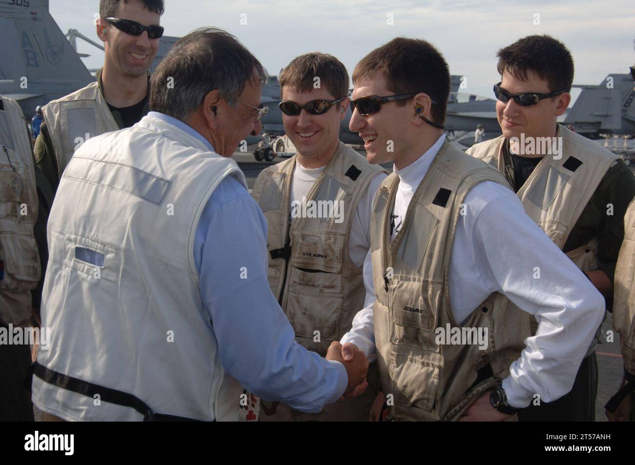 US Navy Secretary of Defense (SECDEF) Leon Panetta speaks to landing ...