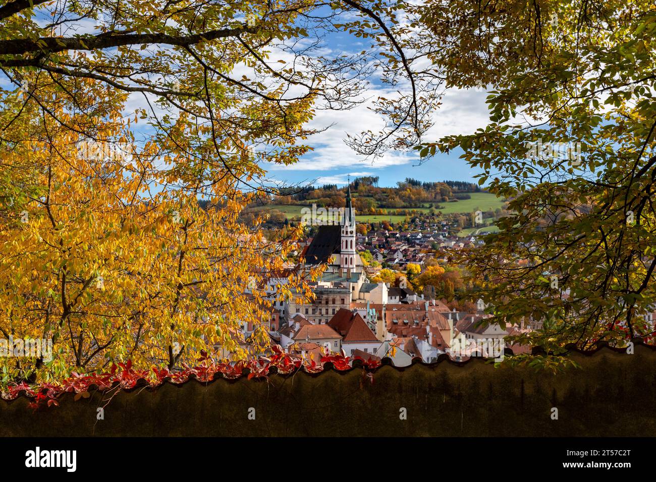 View of historical center of Cesky Krumlov town on Vltava riverbank on ...