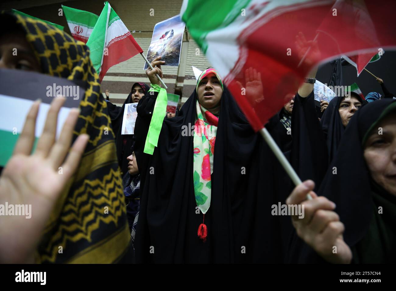 Tehran, Iran. 2nd Nov, 2023. Iranian veiled women wave Palestine and ...