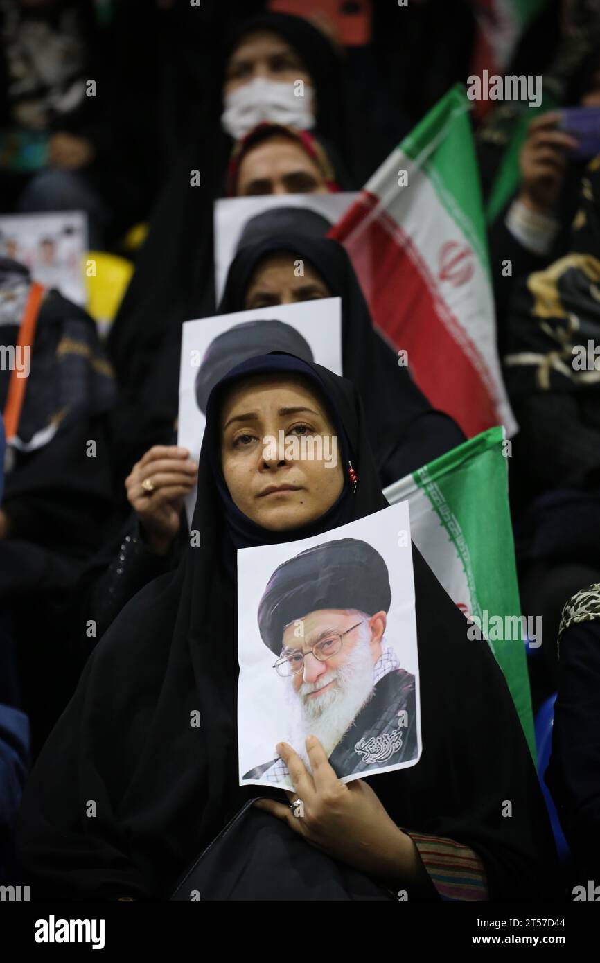 Tehran, Iran. 2nd Nov, 2023. An Iranian veiled woman holds a portrait ...