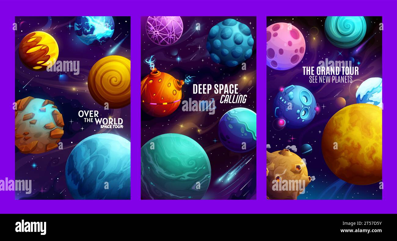Cartoon galaxy space planets posters. Galaxy research, cosmos travel or ...