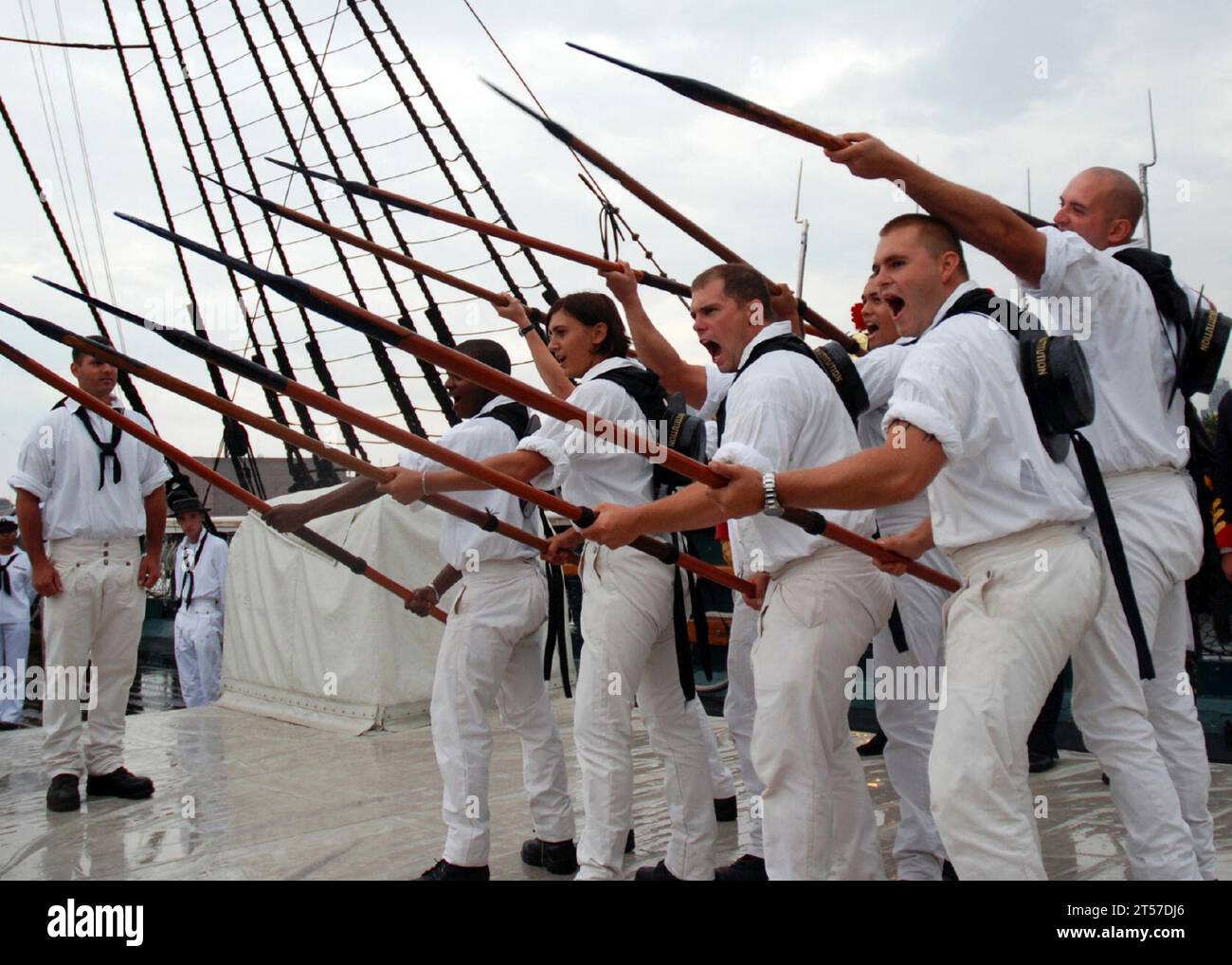 US Navy USS Constitution's boarding pike team demonstrates an early ...
