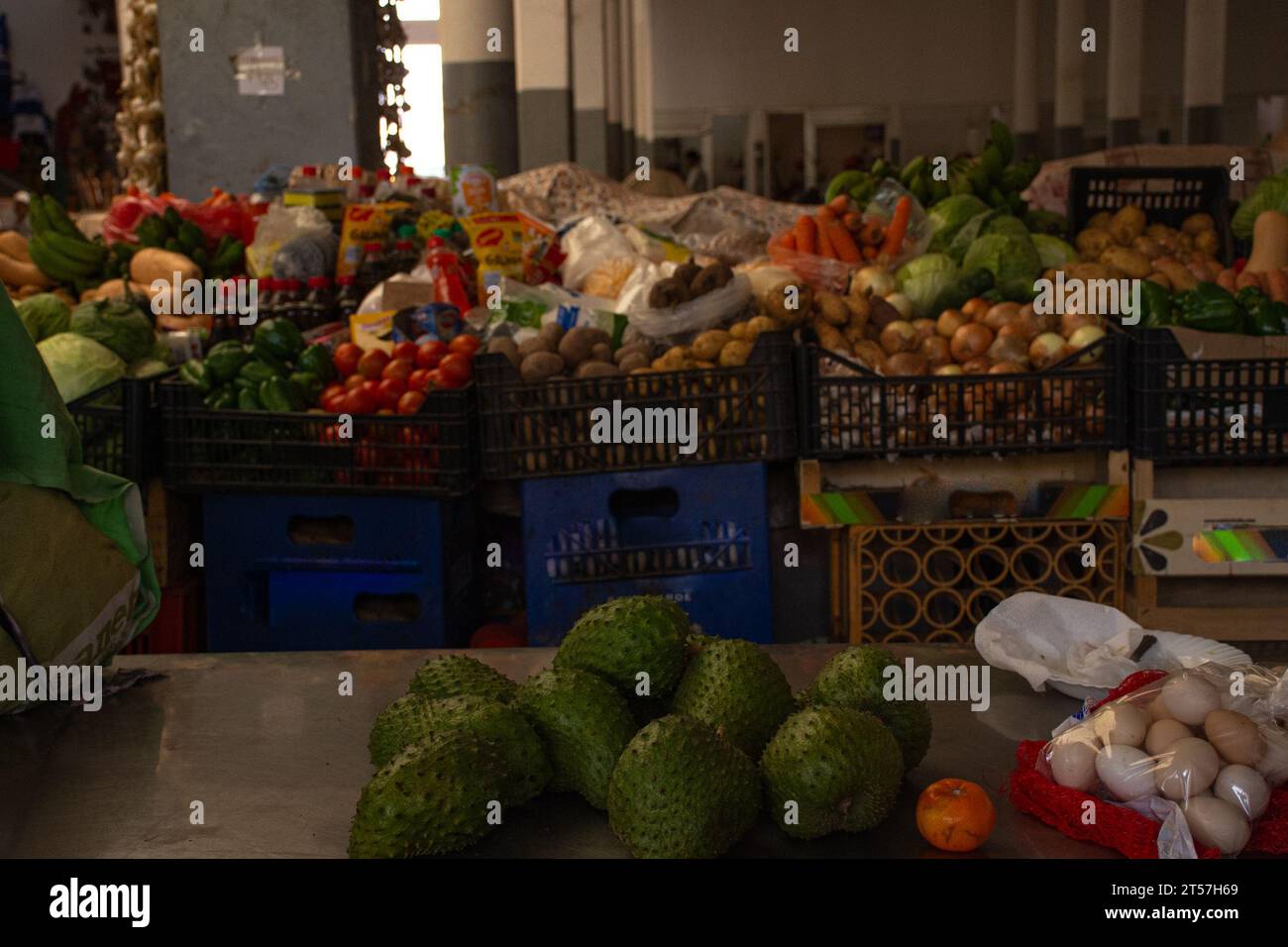Fruit and vegetables in the market hall in Mindelo Sao Vicente island ...
