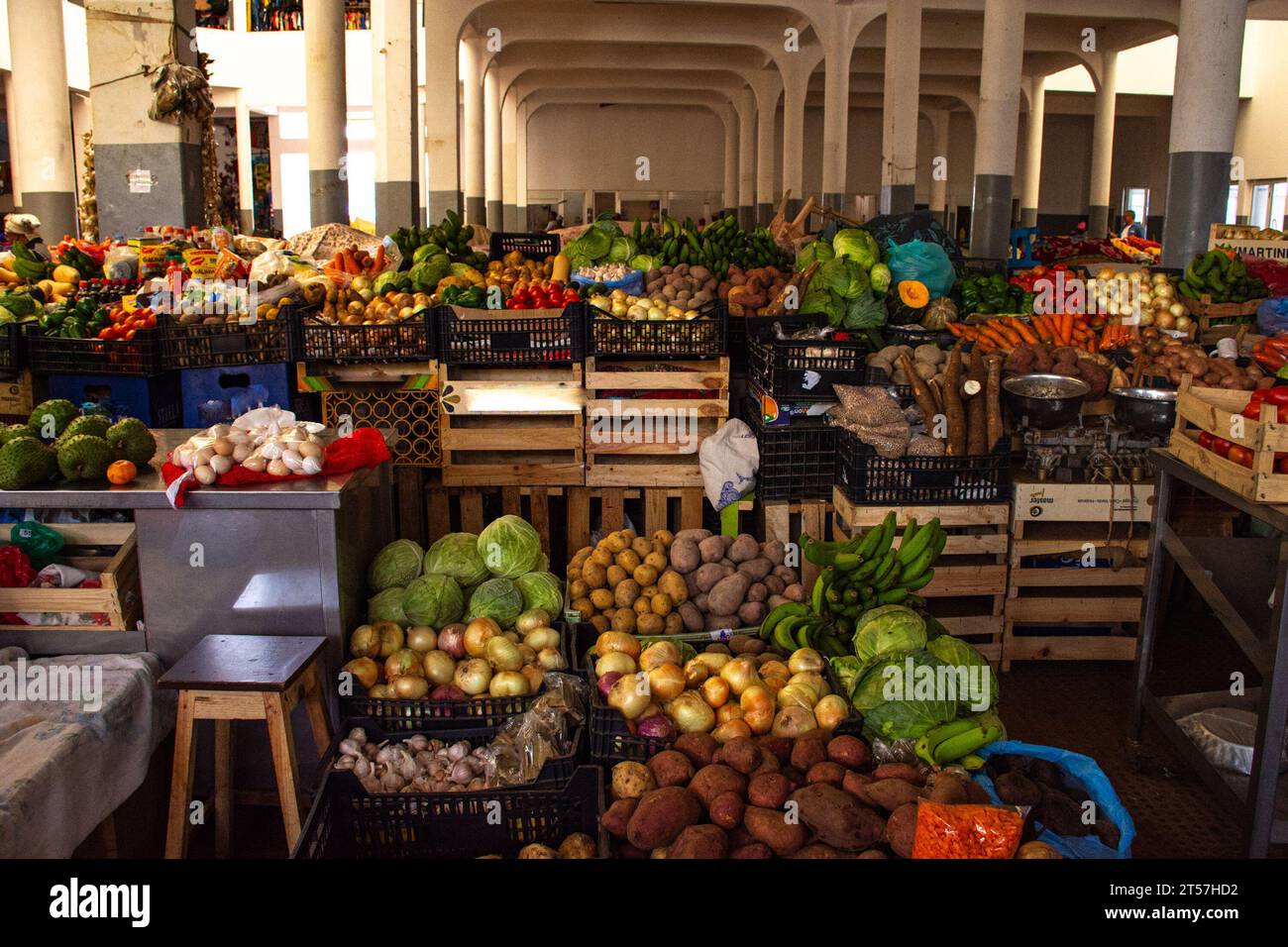 Fruit and vegetables in the market hall in Mindelo Sao Vicente island ...