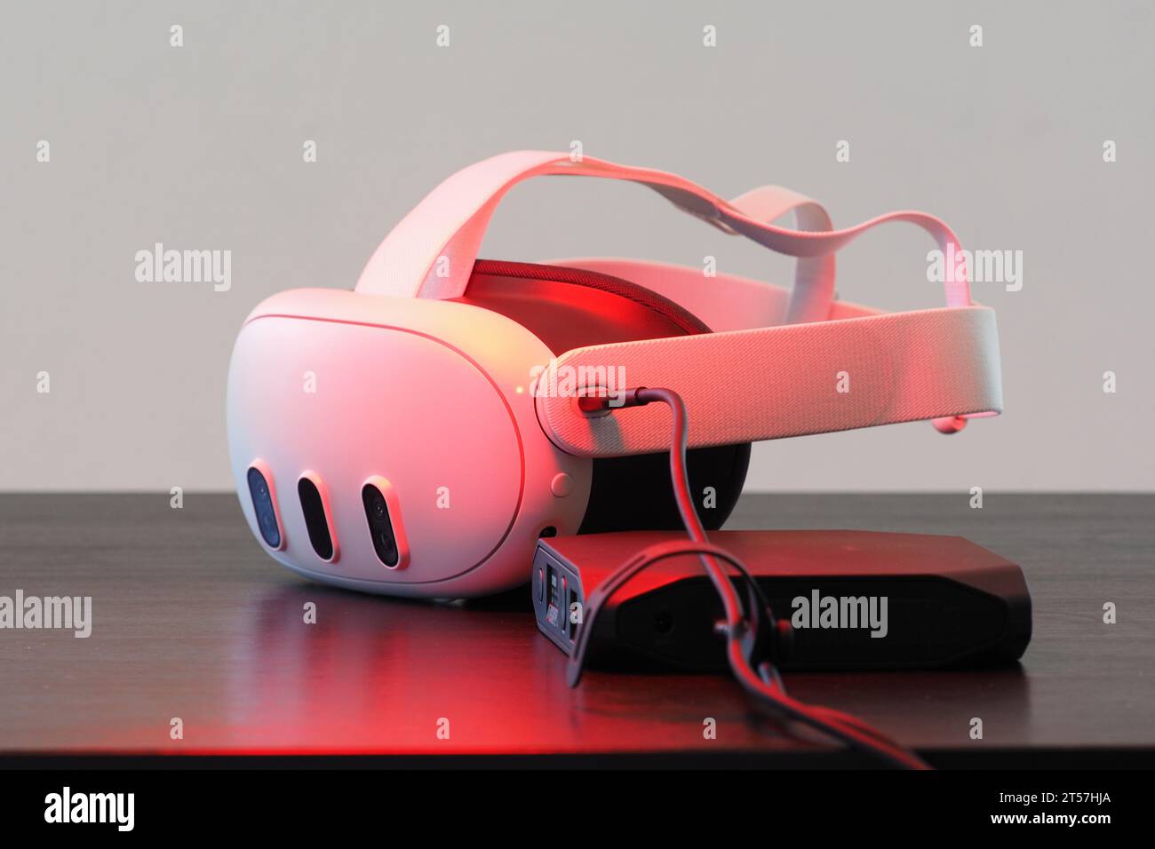 Virtual Reality VR Headset Charging from External Power Bank Stock ...