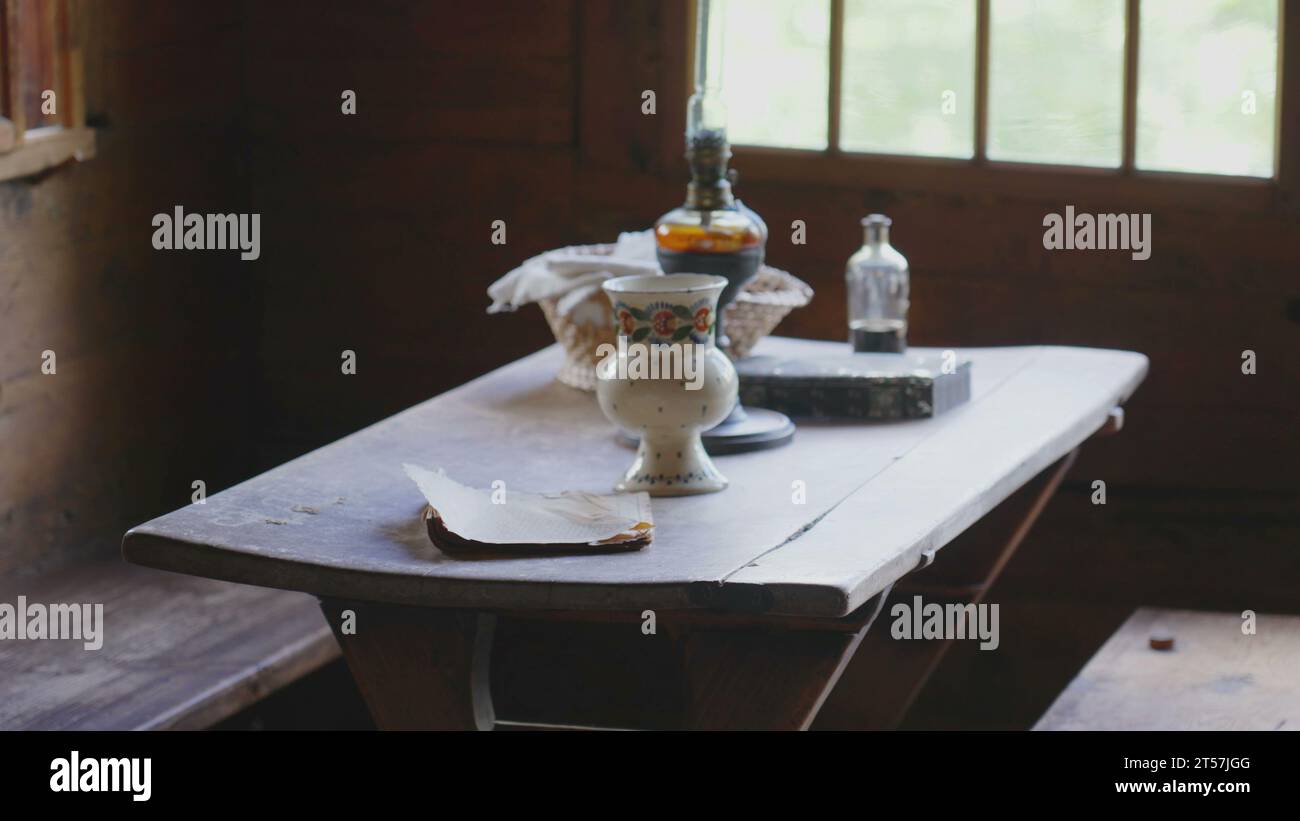 Traditional rustic ambience, rural furniture on display at farmhouse ...