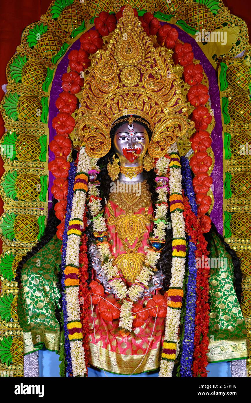 Idol of Goddess Maa Kali at a decorated puja pandal in Kolkata, West ...