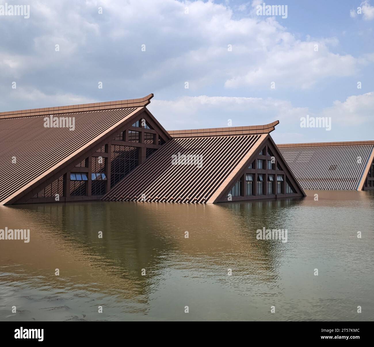 Modern traditional style building submerged in the water at Guangfulin ...