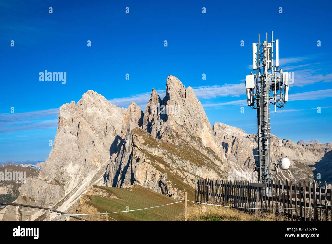 Cell tower on Seceda mountain in front of Odle group, Gardena, South ...