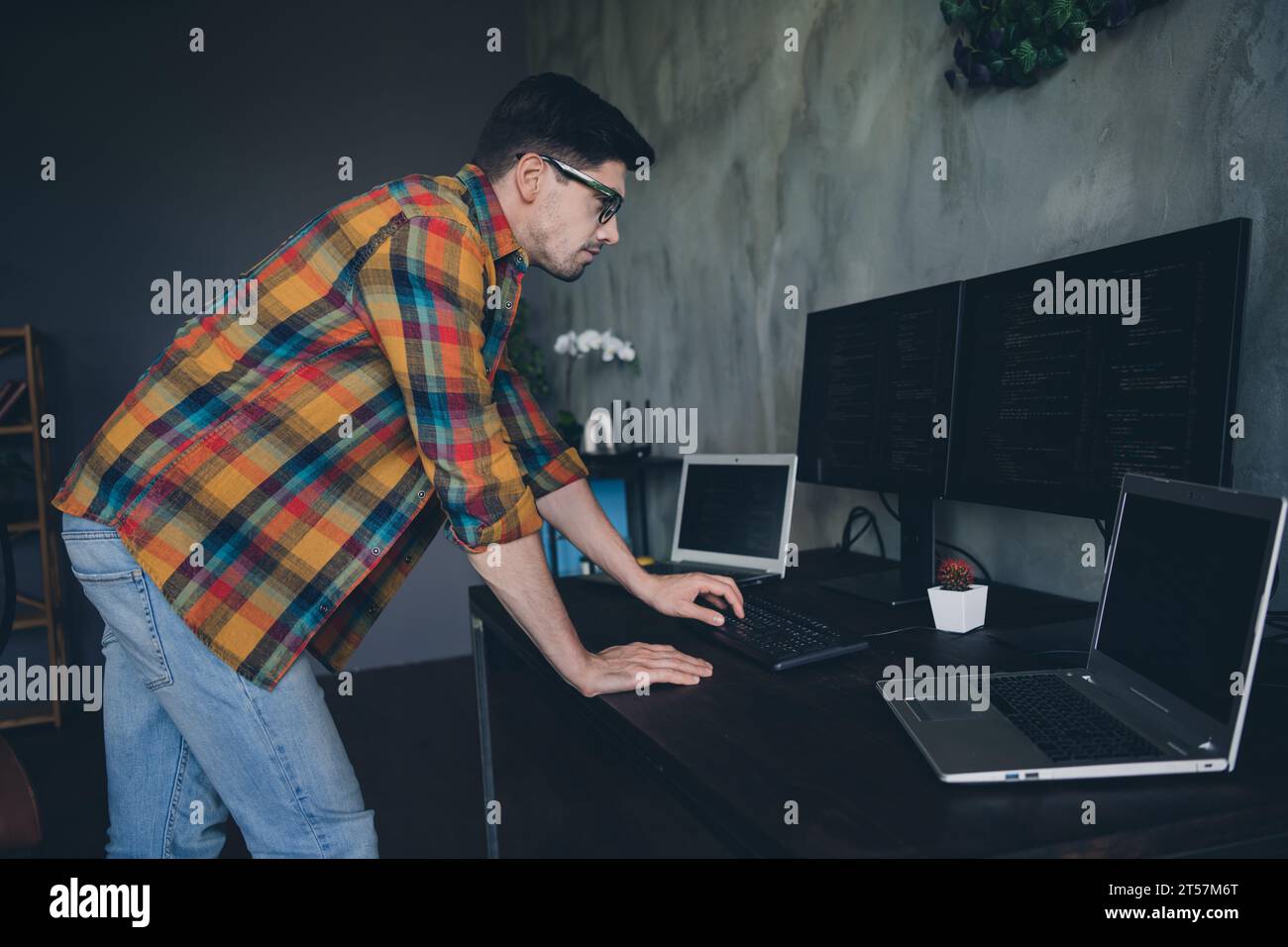 Profile photo of skilled c developer keyboard write cyber security protection desktop netbook pc ...