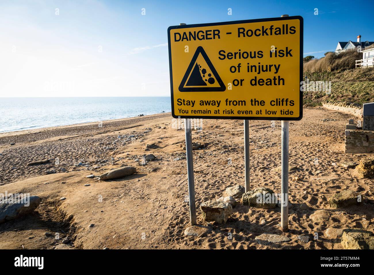 Sign warning of danger on the Jurassic Coast, Dorset, England Stock ...