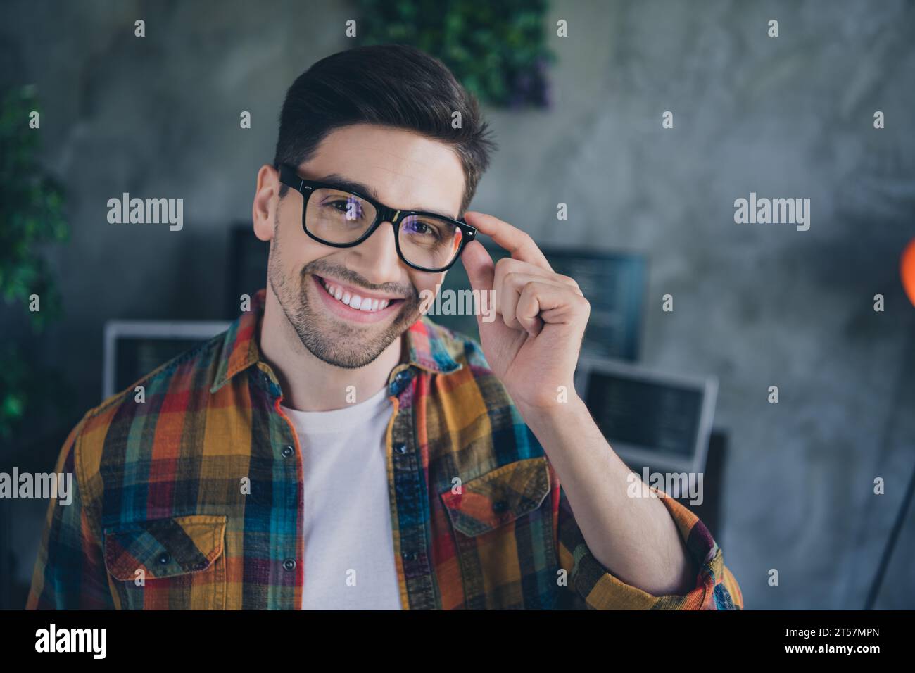 Portrait of positive smart cyber security expert guy toothy smile arm ...