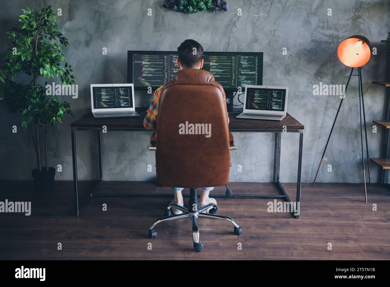 Full body rear behind portrait of skilled cyber security expert sit ...