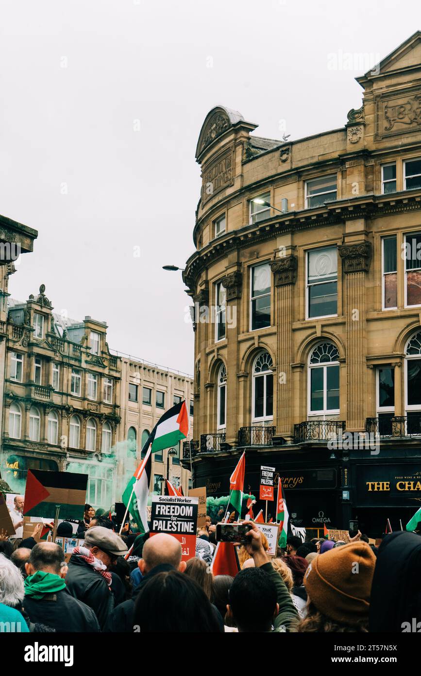 Crowd wave Palestine Flags and protest signs at Grey's Monument ...