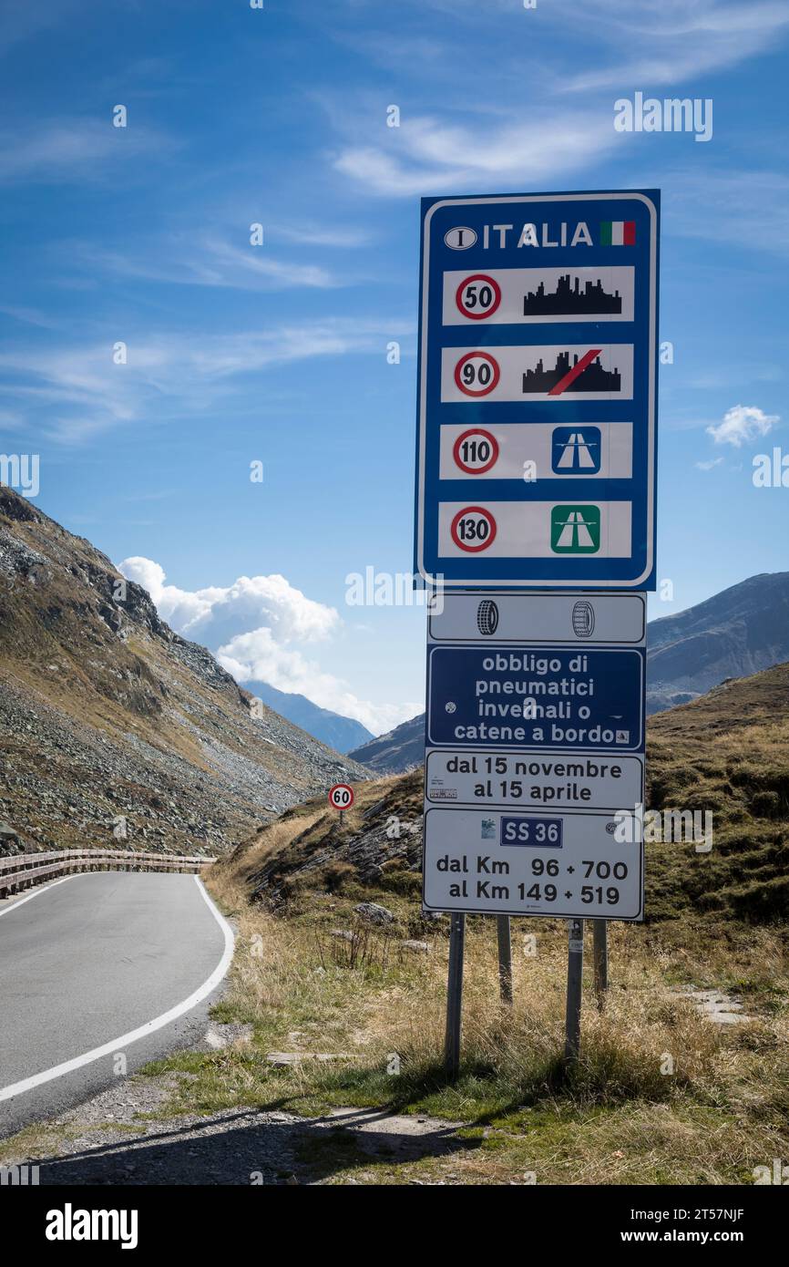 Road sign advising snow chains and speed limits at the summit of the ...