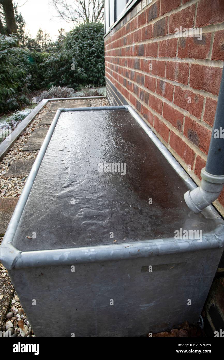 Water in a cattle trough frozen solid, England Stock Photo - Alamy