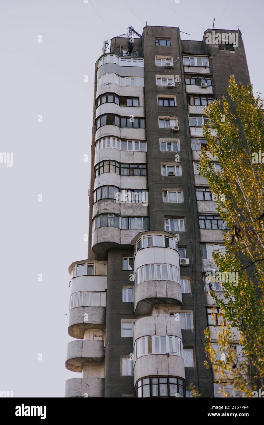 Soviet multi-storey residential building with round and rectangular ...