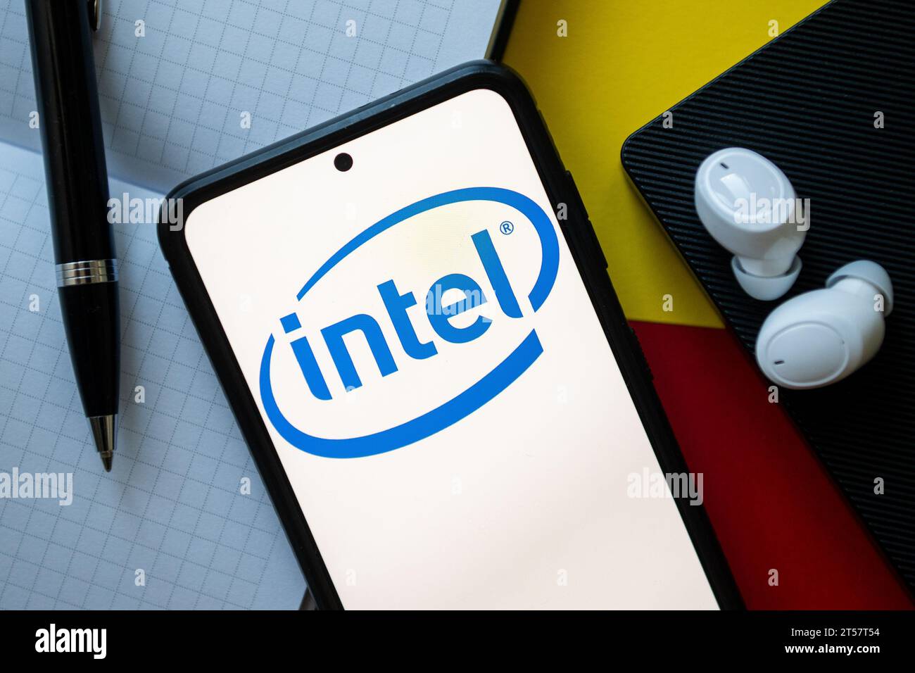 In this photo illustration an Intel logo seen displayed on a smartphone ...