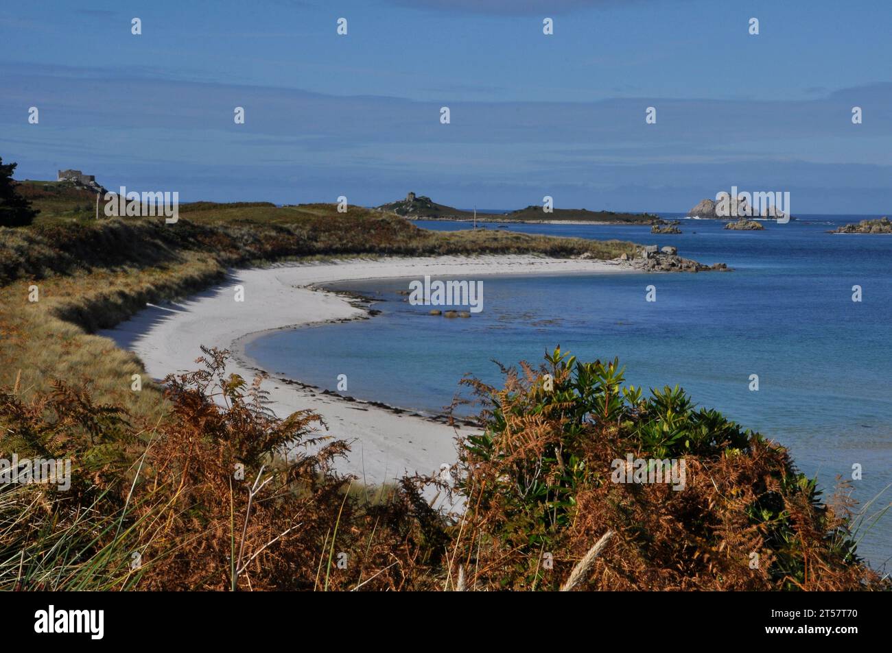 View across the white sandy beach of Rushy Porth and Rushy Point on the ...