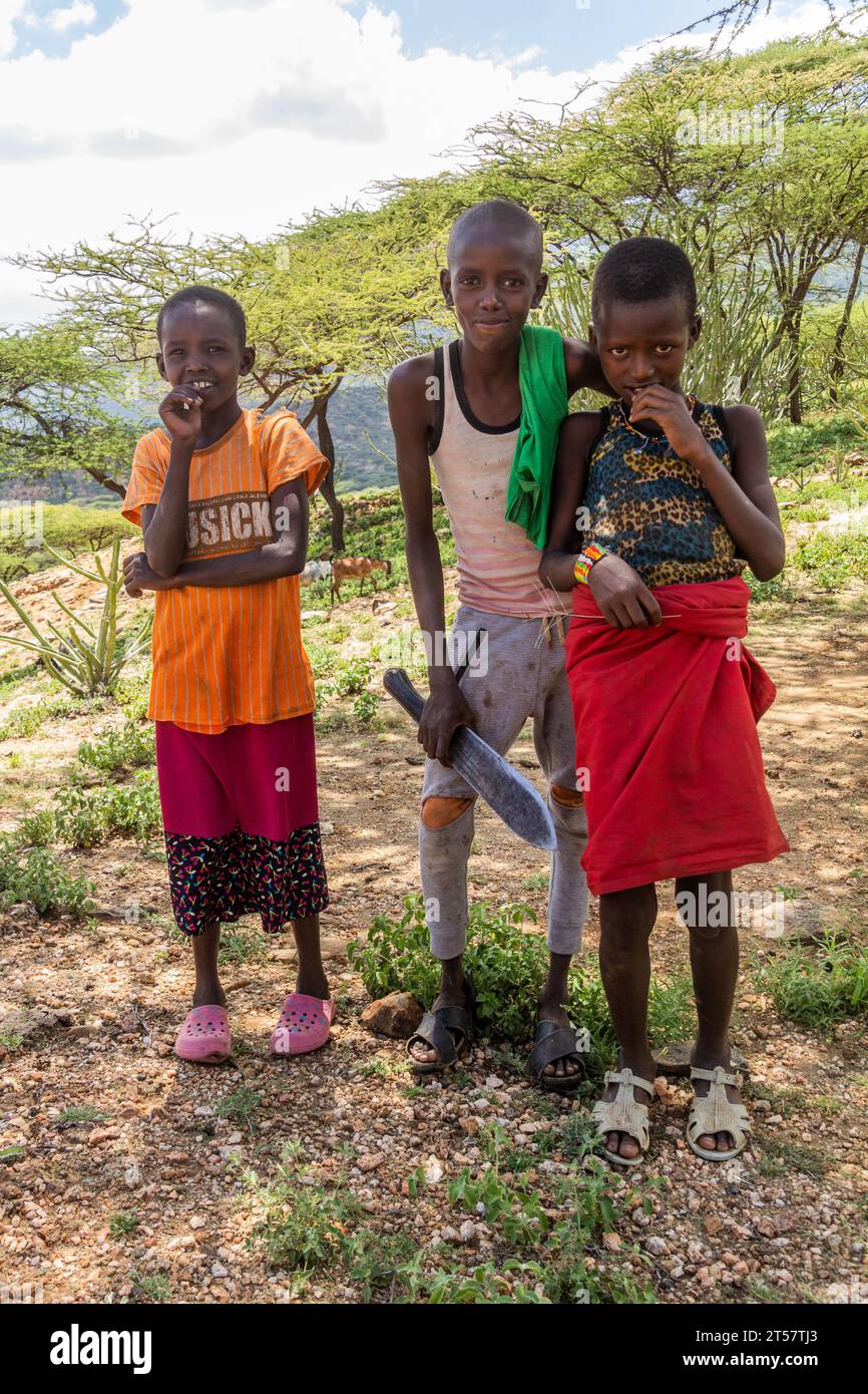 SOUTH HORR, KENYA - FEBRUARY 12, 2020: Samburu tribe children near ...