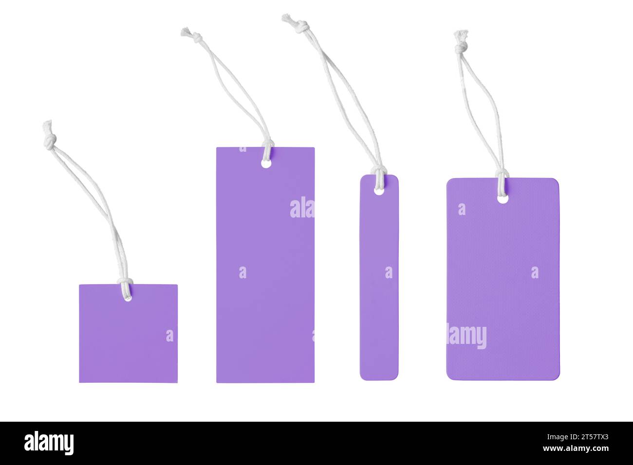 Various shape of blank purple paper label or cloth tag set isolated on ...