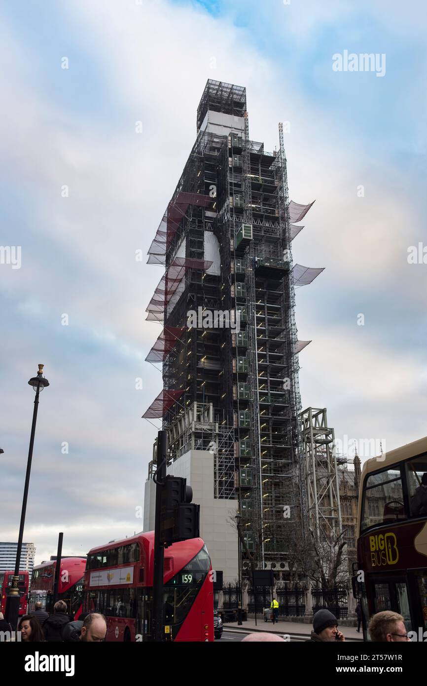 The Elizabeth Tower (Big Ben) covered in scaffolding during a ...