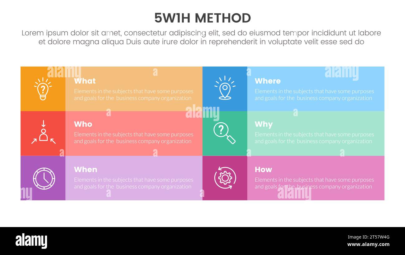 5W1H problem solving method infographic 6 point stage template with rectangle long box stack ...