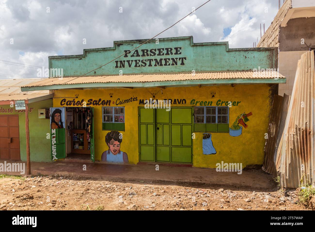 MARALAL, KENYA - FEBRUARY 13, 2020: Colorful house with shops in ...