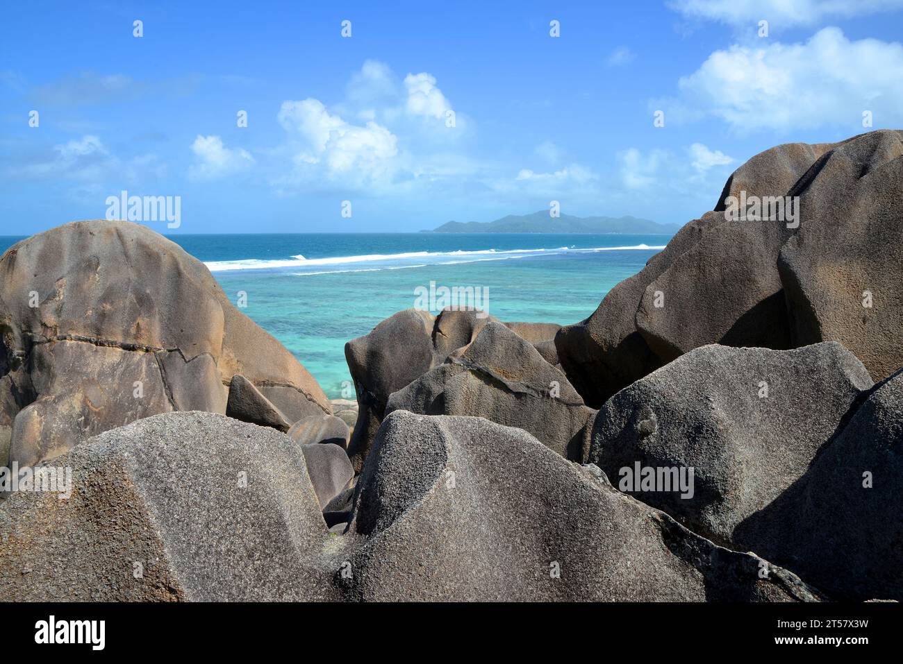 View on the Praslin island from the island La Digue, Indian Ocean ...