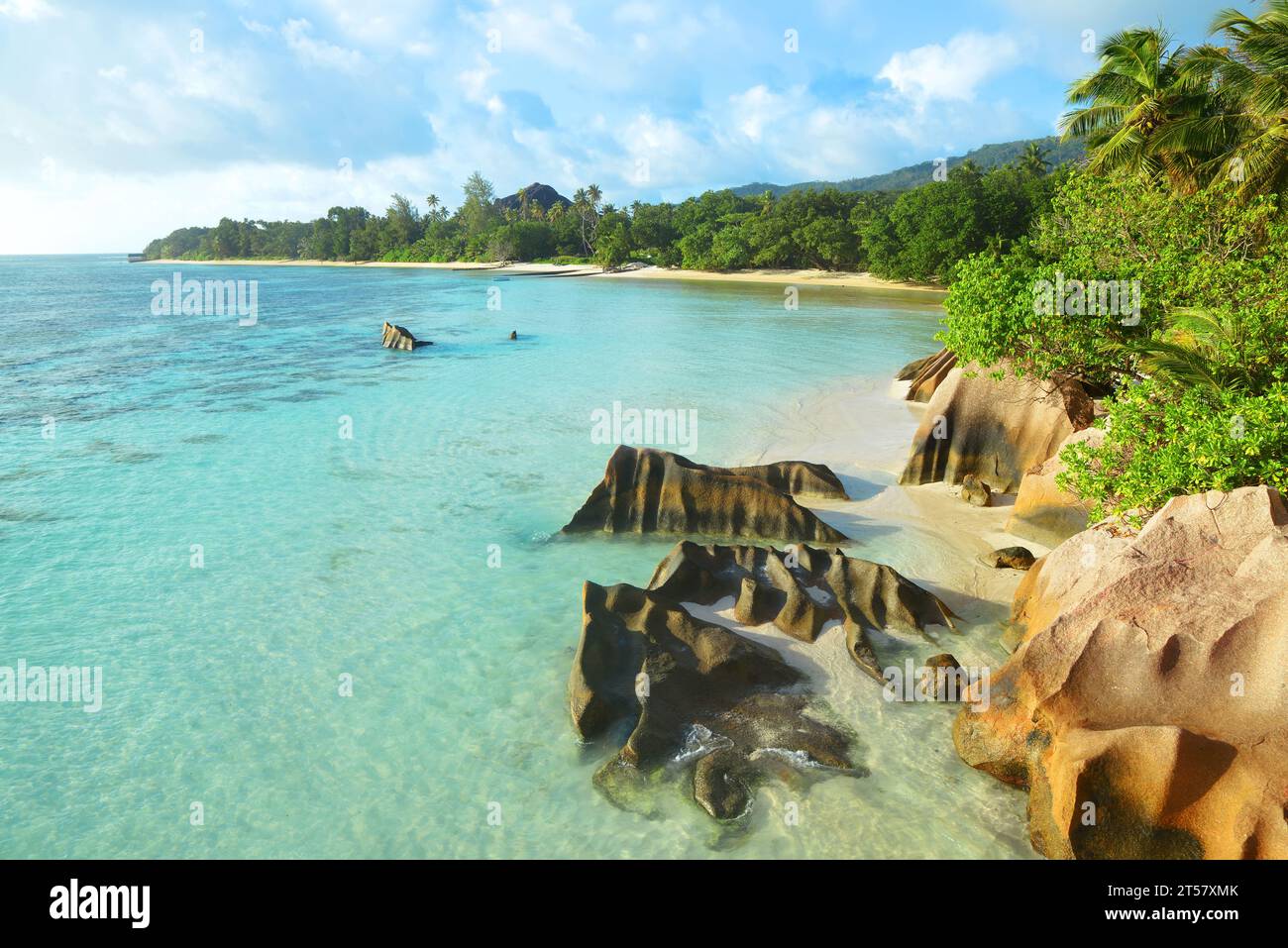 Anse Source d'Argent beach at sunset. La Digue Island, Indian Ocean ...